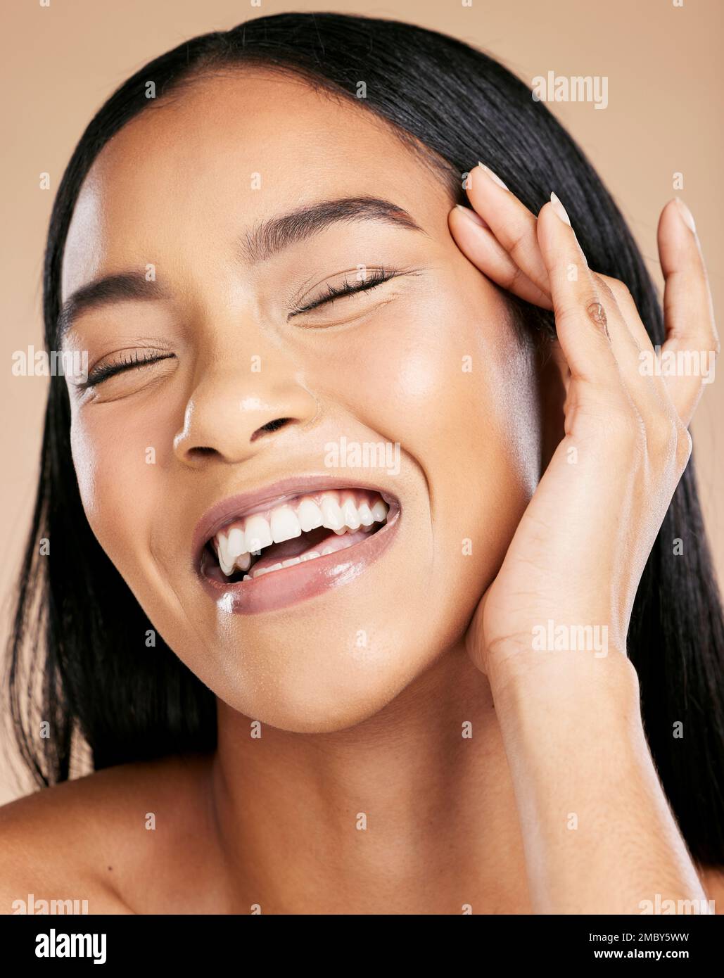 Beauty, skincare and black woman isolated on studio background, happy ...