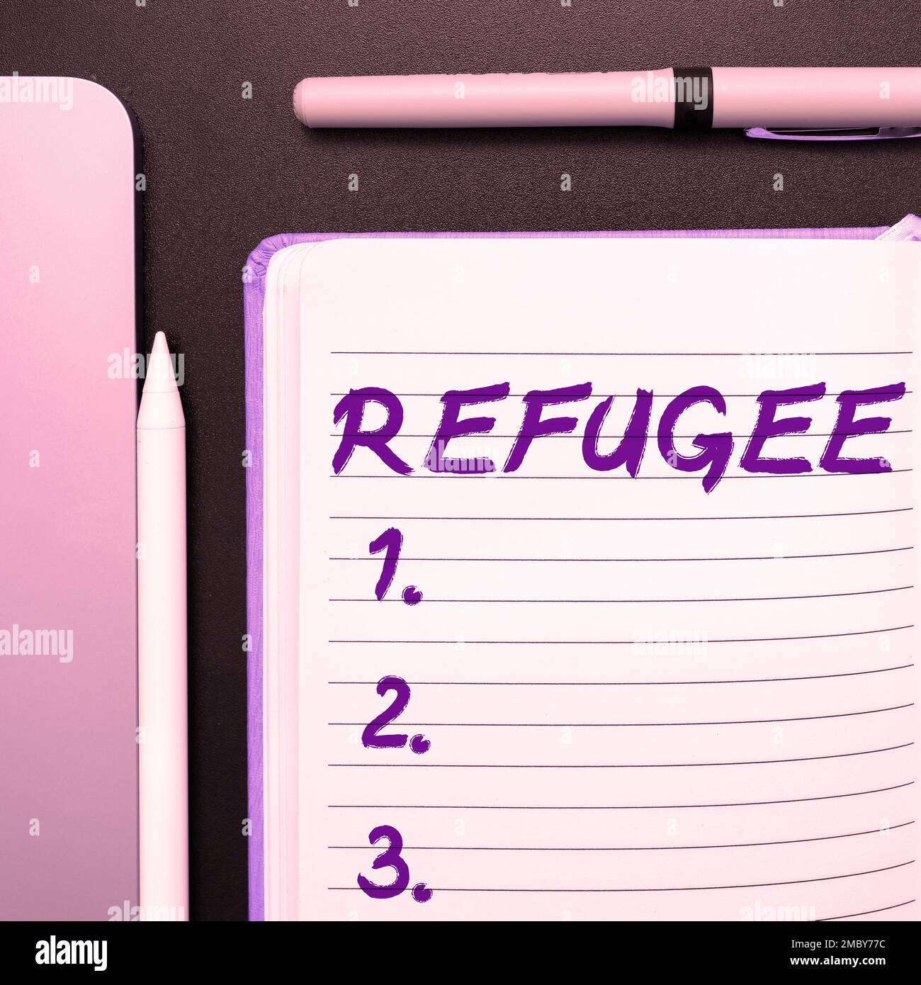 Text caption presenting Refugee. Word Written on refer to movements of ...