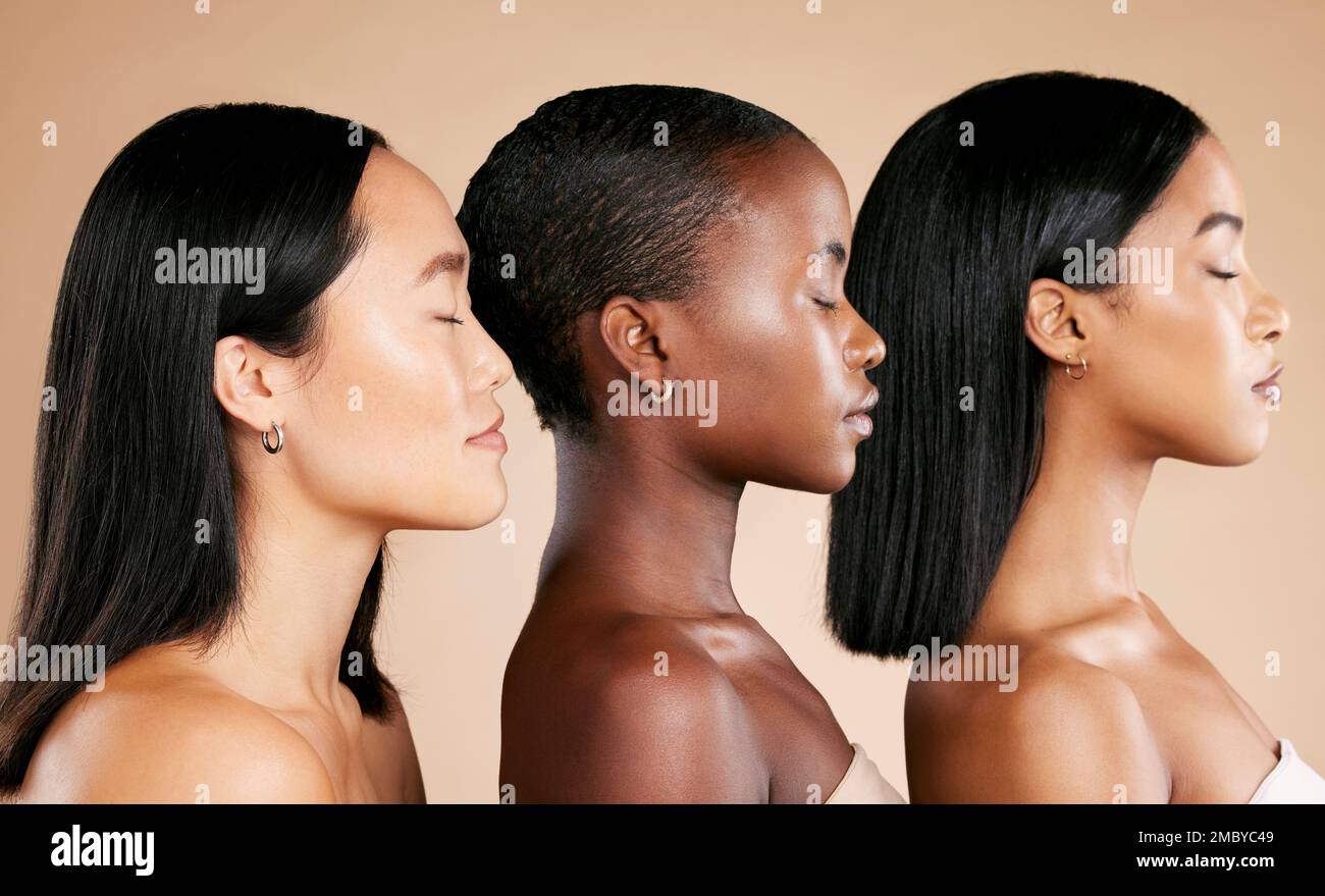 Diversity, beauty and women, face and profile with skincare, natural ...