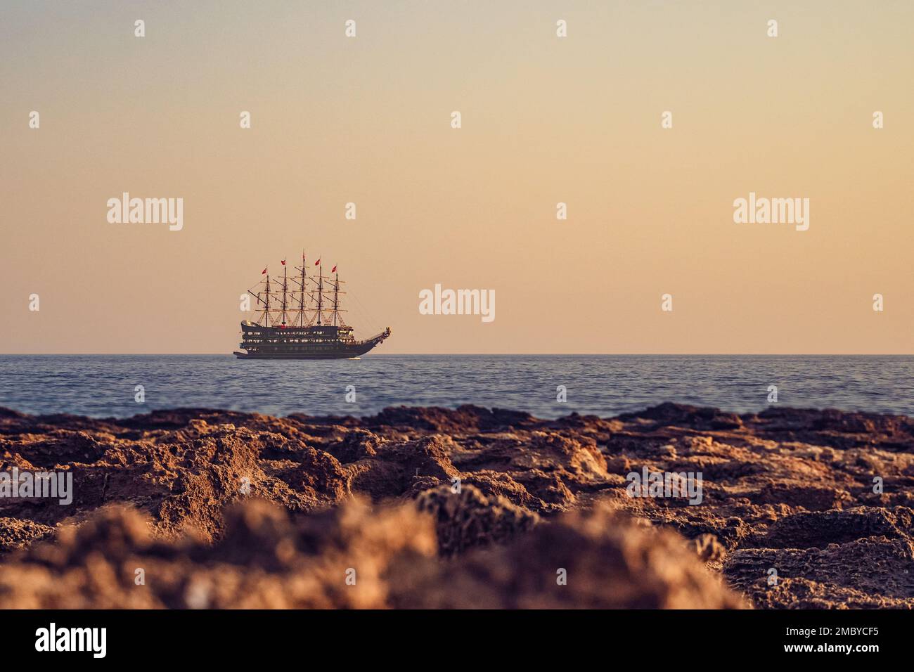 Tourist excursion ship sails in the Mediterranean Sea, view from the ...