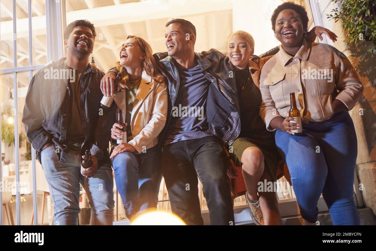 Happy people, diversity or bonding in city night, street or road for ...