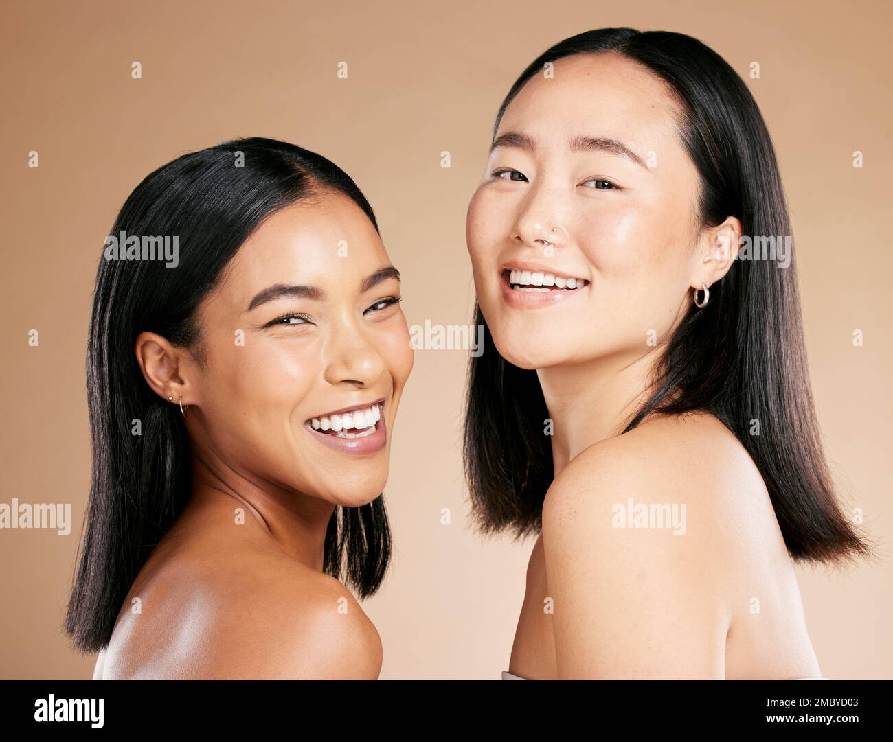 Diverse, beauty and portrait of women with makeup isolated on a studio ...