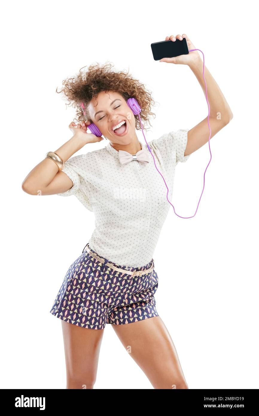 Phone music, dance singer and black woman listening to song, audio ...