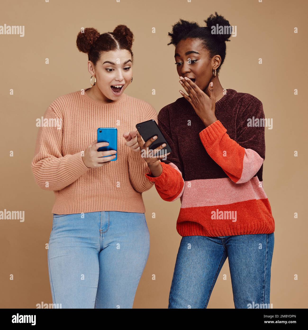 News, wow and shocked people isolated on studio background for social ...