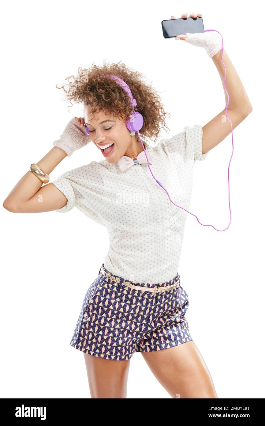 Happy, dance and headphones of a woman with music, phone radio and web ...