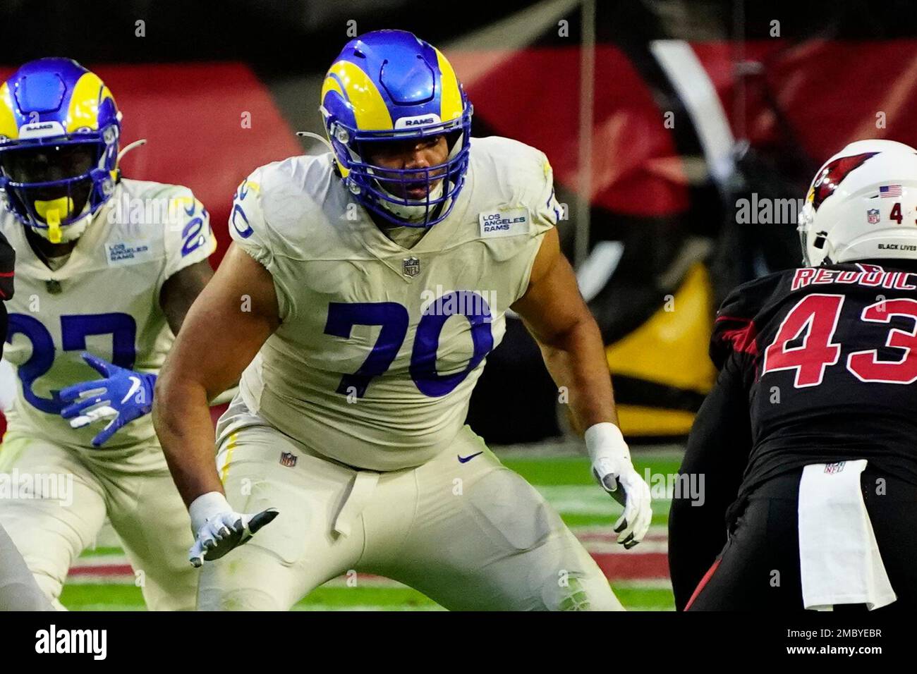 FILE - Los Angeles Rams offensive guard Joe Noteboom (70) works against ...