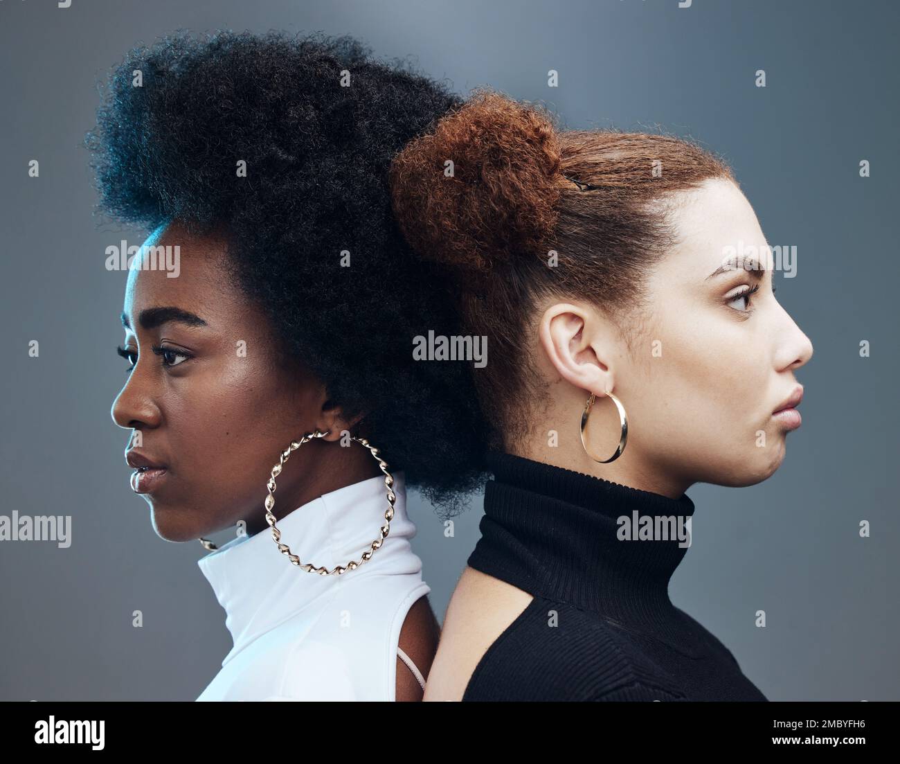 Fashion, hair care and women with futuristic diversity, cyberpunk aesthetic and isolated on a ...