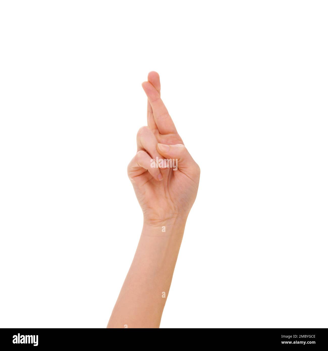 Fingers crossed, hand and sign language gesture isolated against a ...