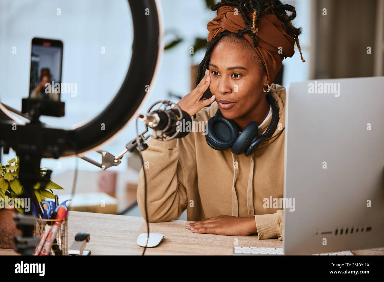 Communication, phone and presenter streaming podcast, radio talk show ...