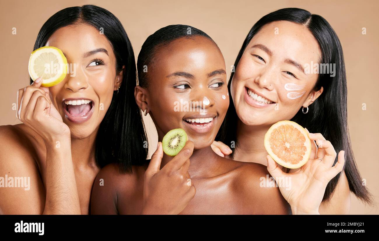Face, fruits and women in portrait with cream for facial care, beauty ...