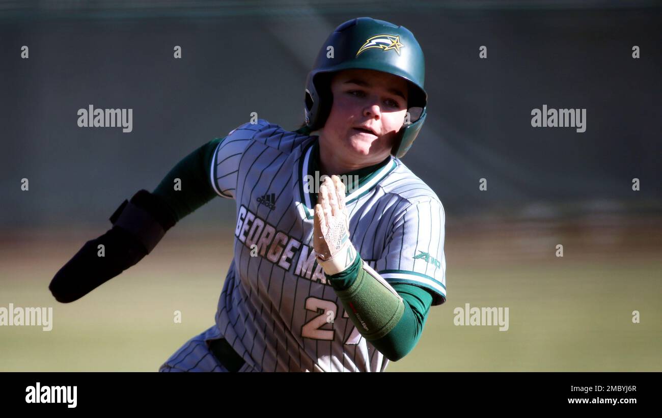 George Mason infielder Rachel Warrens (27) runs during an NCAA softball ...
