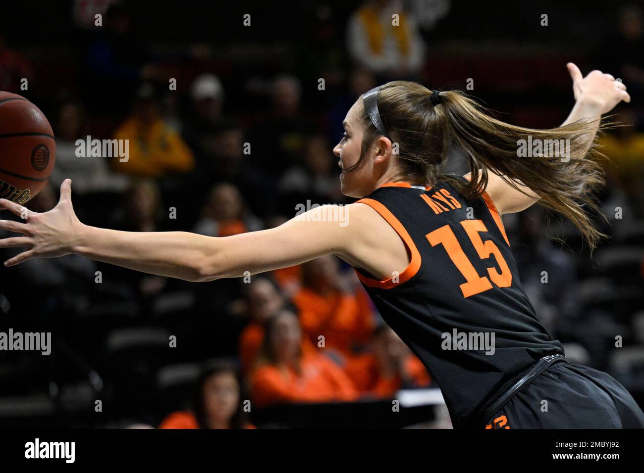 Oklahoma State guard Lexy Keys tries to save a ball from going out of ...