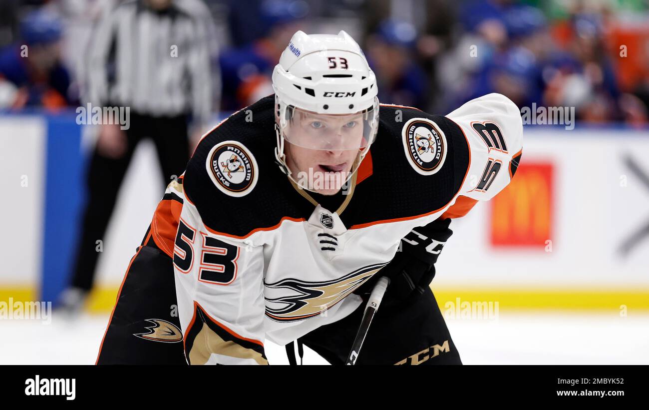 Anaheim Ducks right wing Buddy Robinson (53) looks on against the New ...
