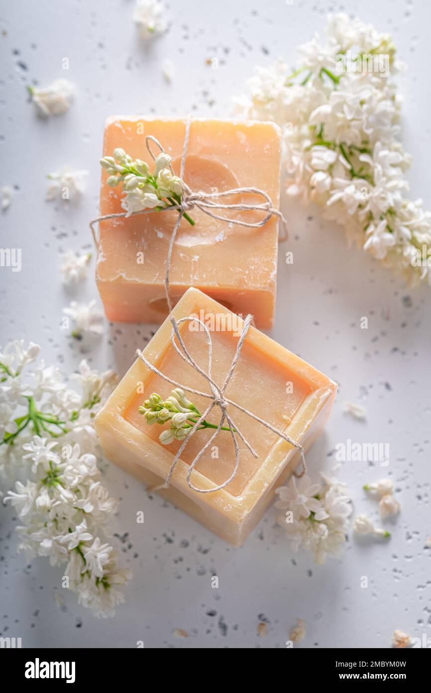 Ecological lilac soap made of flowers. Flower aromatic soap. Lilac ...