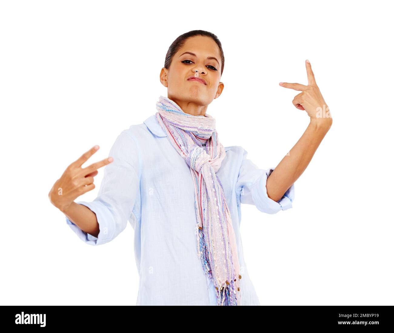 Portrait, attitude and woman with peace sign in studio isolated on a ...