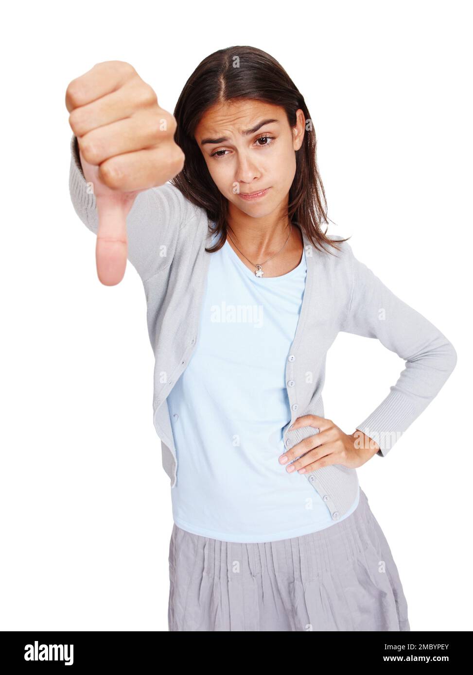 Thumbs down, bad and young woman in studio with a stylish, trendy and ...