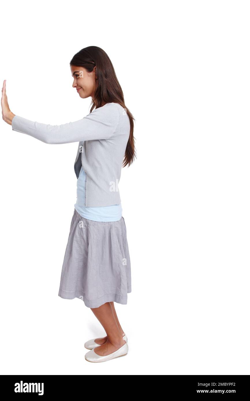 Push, move and mockup with a woman in studio isolated on a white ...