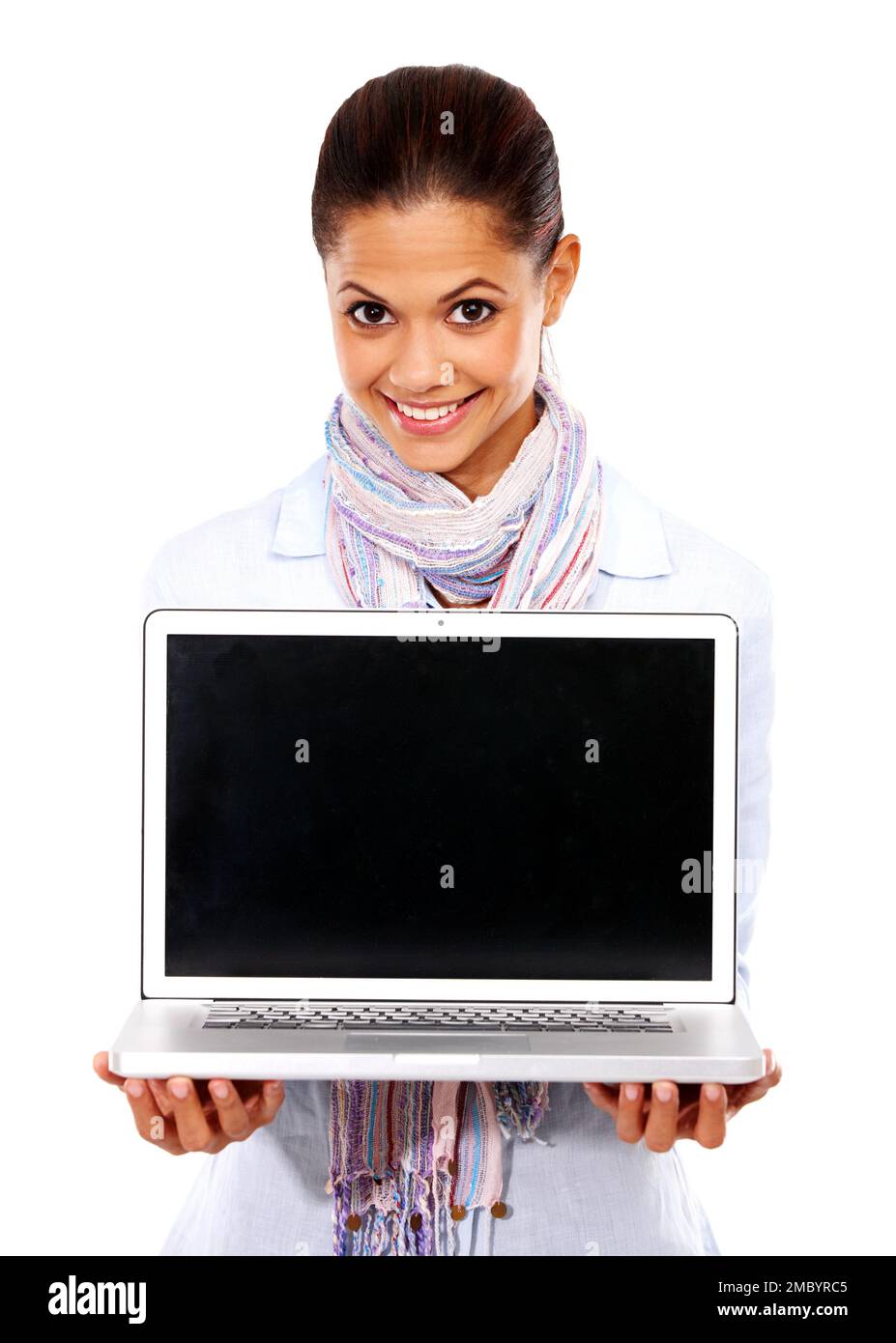 Happy woman, portrait and laptop mockup on isolated white background for website branding ...