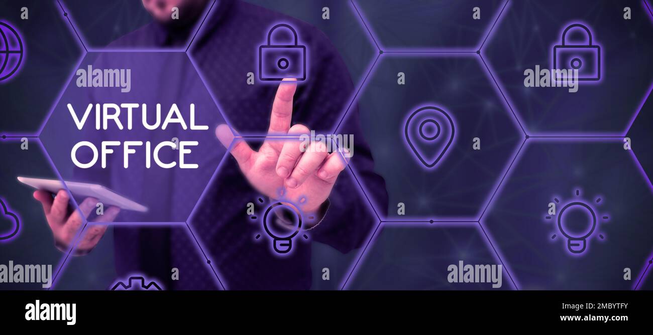 Conceptual caption Virtual Office. Concept meaning Mobile work ...