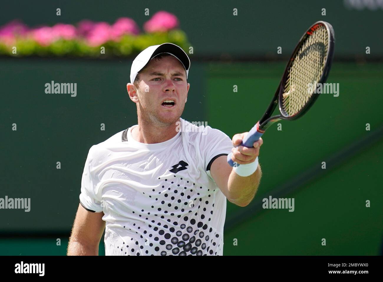Dominik Koepfer, of Germany, signals with his racket as he play Andrey ...