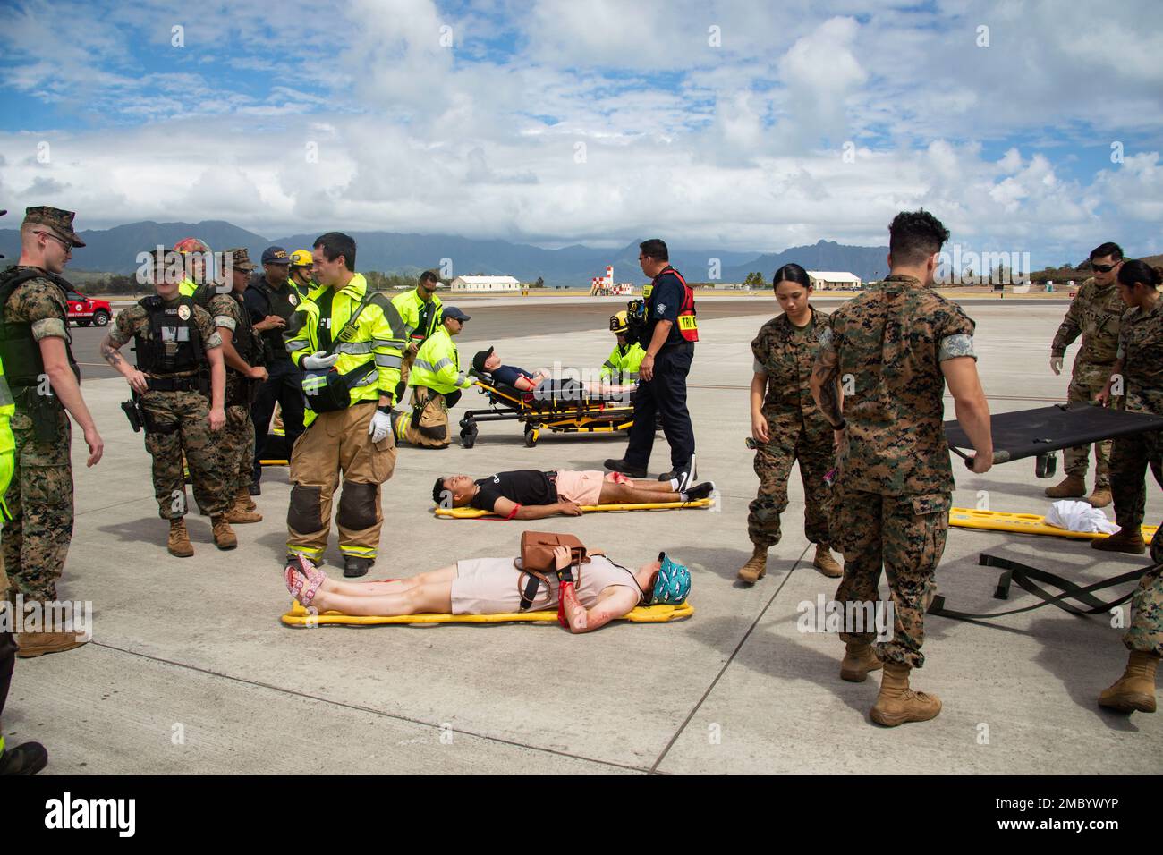 U.S. service members and first responders prepare simulated casualties ...