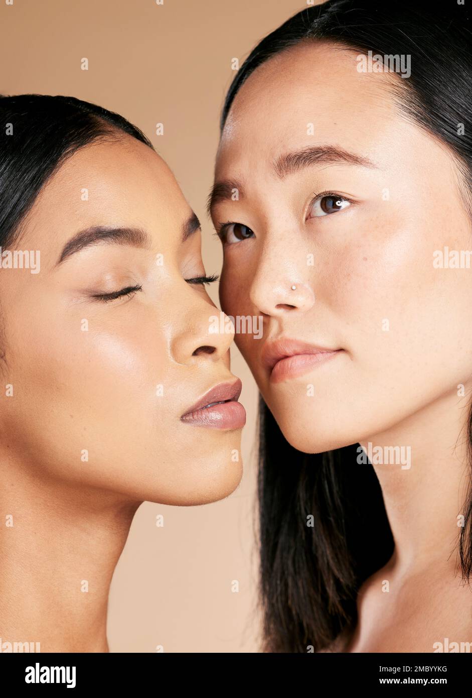 People, cosmetic and diversity of women faces with skincare glow due to ...