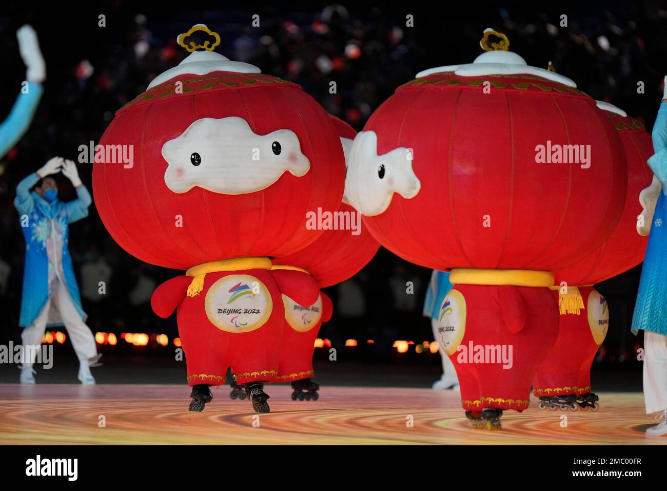 The Paralympic mascot Shuey Rhon Rhon skates during the closing ...