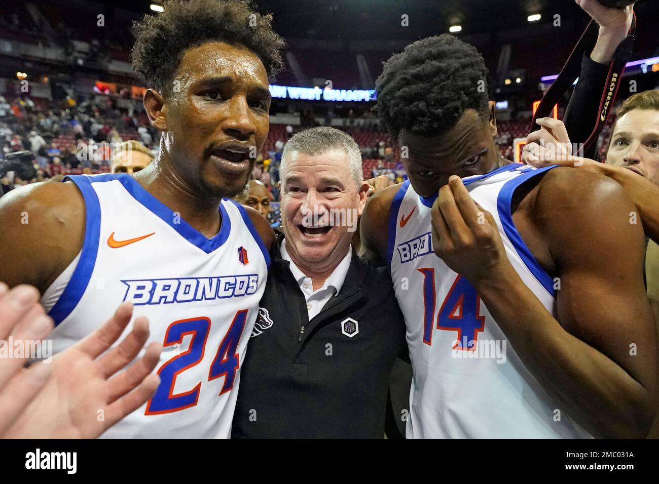 Boise State's Abu Kigab (24) and Emmanuel Akot (14) celebrates with ...