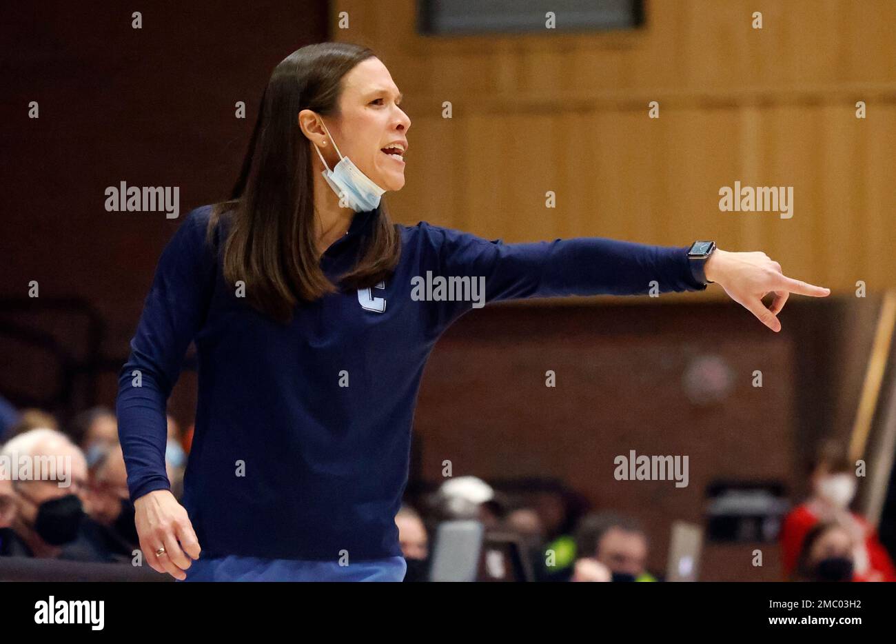 Columbia head coach Megan Griffith calls to her team during the first ...