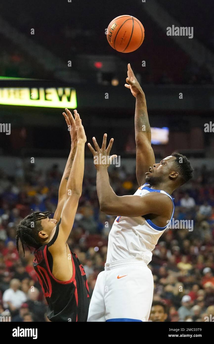 San Diego State guard Chad Baker-Mazara, left, defends against Boise ...