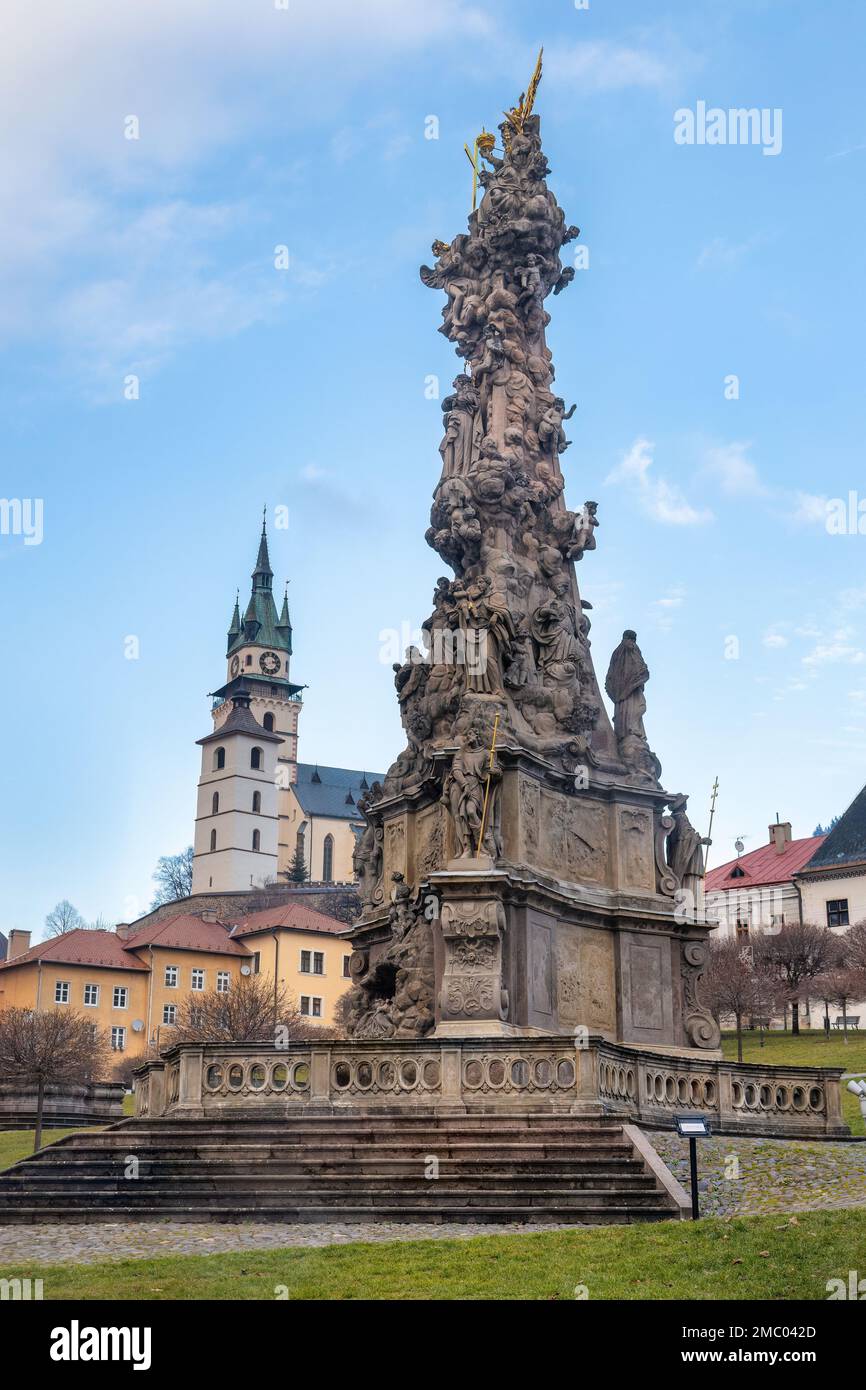 Town castle and Plague column in Kremnica, medieval mining town ...
