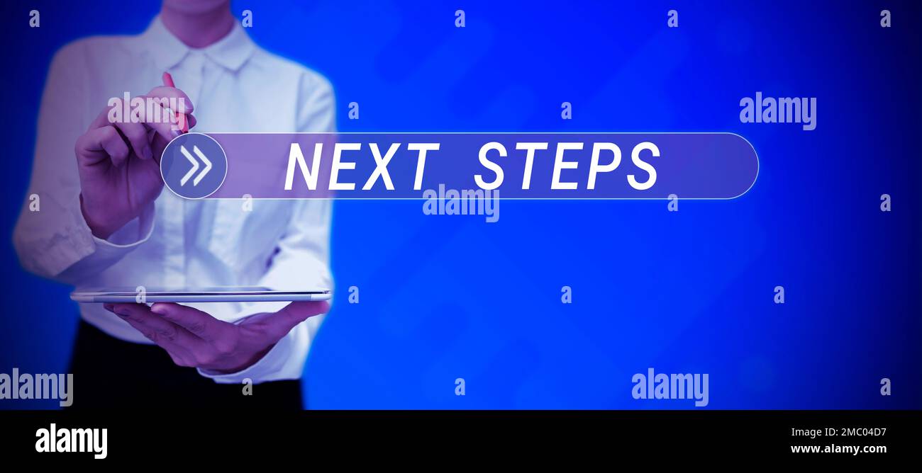 Conceptual caption Next Steps. Concept meaning numper of process going ...