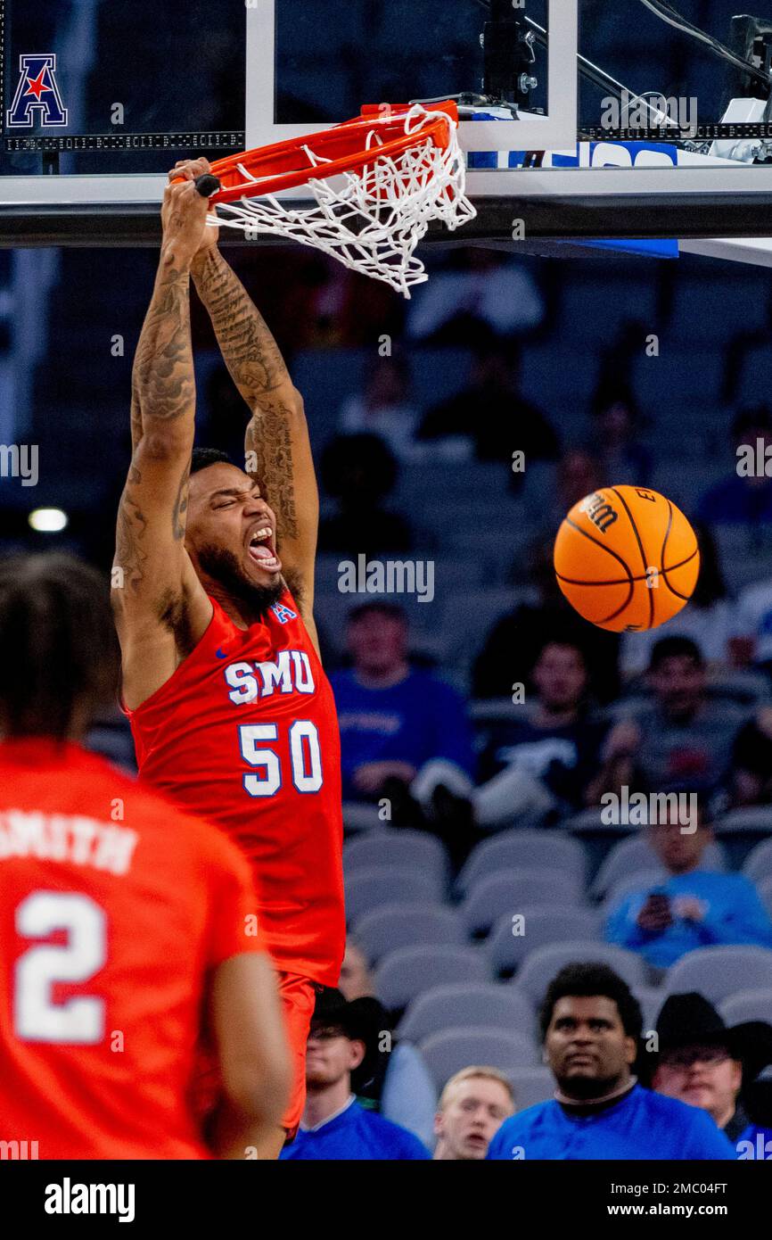 SMU forward Marcus Weathers (50) celebrates while dunking during the ...
