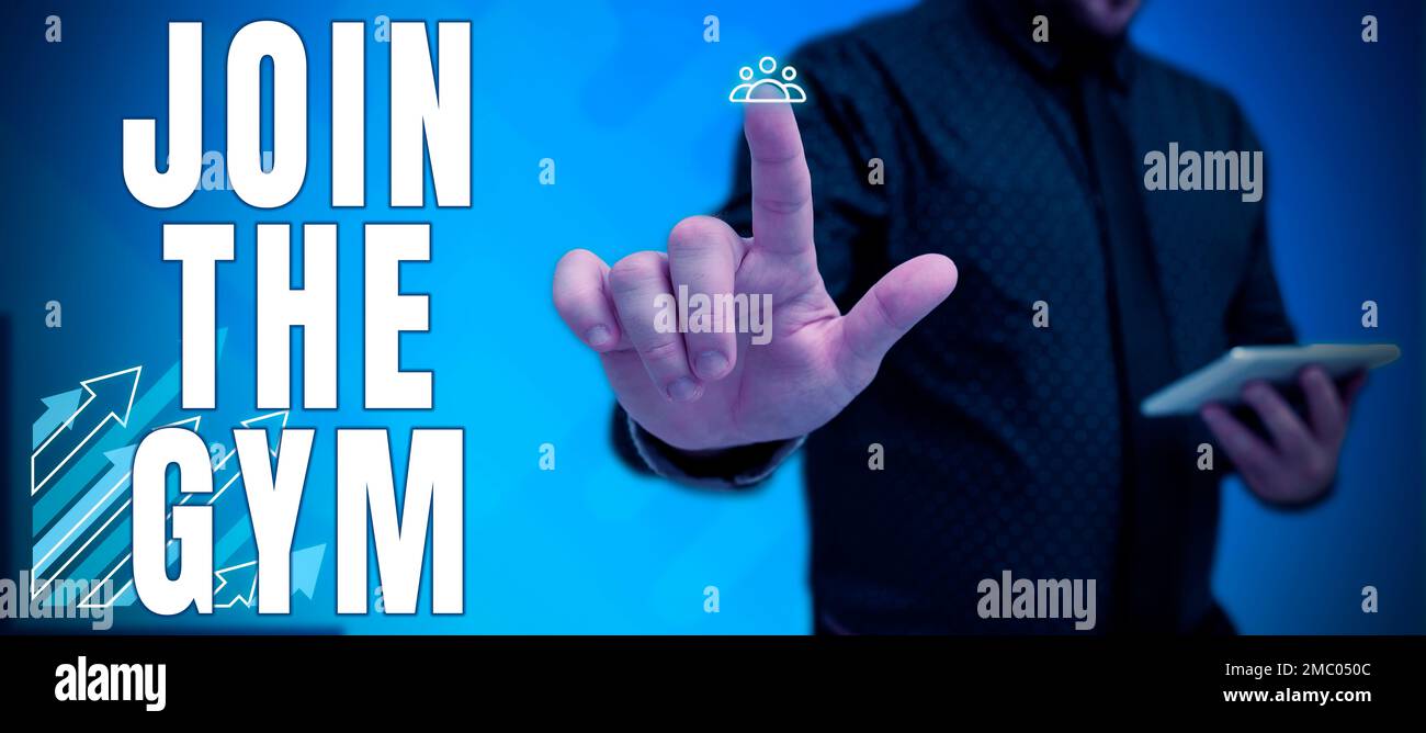 Hand writing sign Join The Gym. Business concept Motivation to start ...