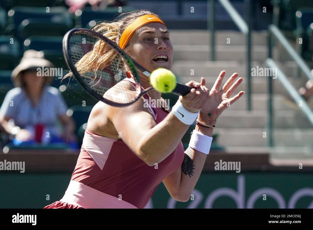Aryna Sabalenka, of Belarus, returns a shot to Jasmine Paolini, of Italy, at the BNP Paribas ...
