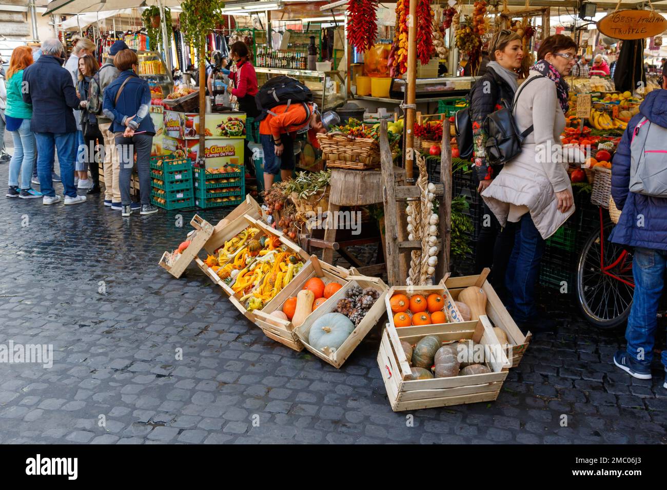 Scene of a vegetable market stall from the Campo de' Fiori open market ...