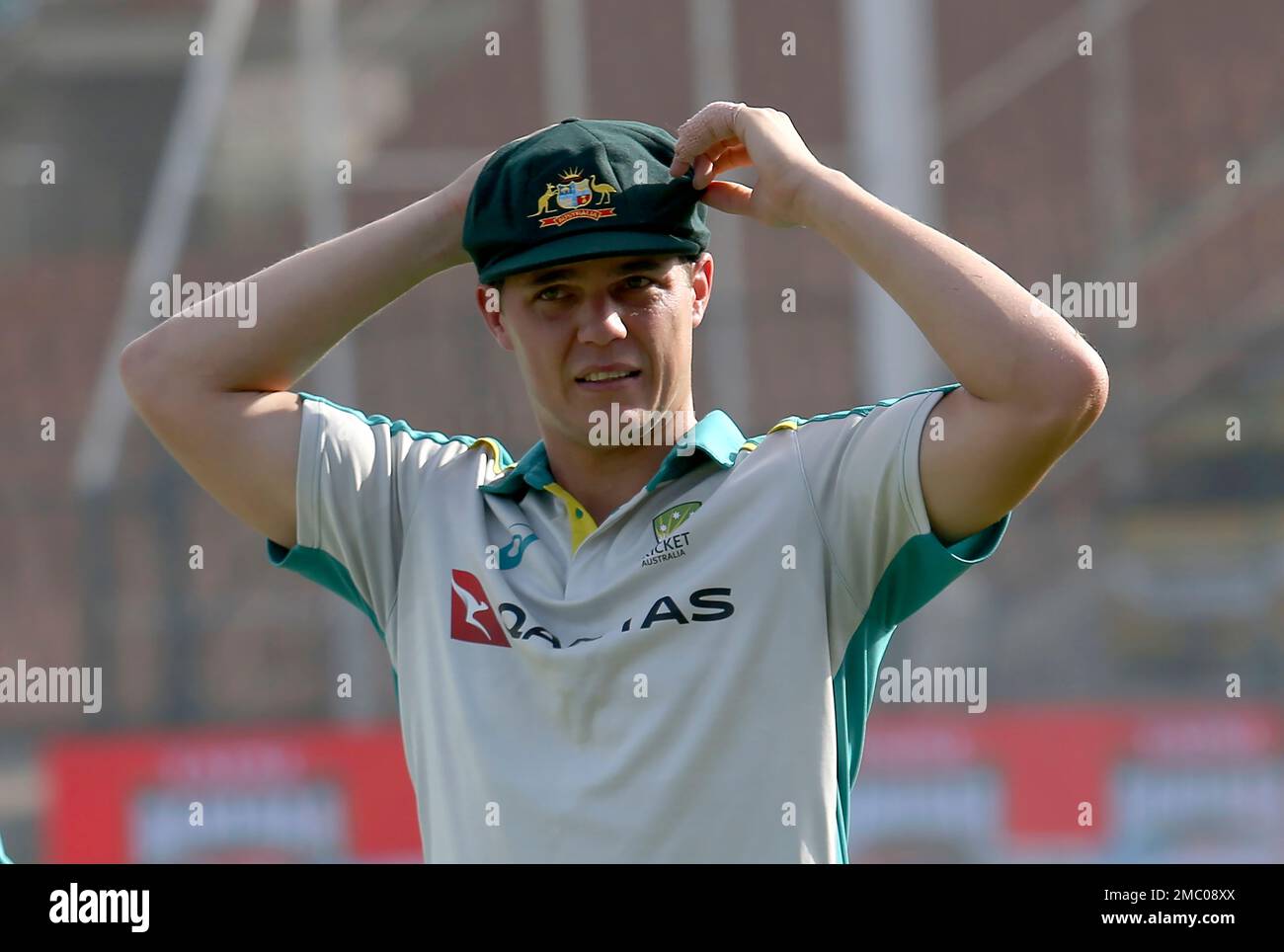 Australia's Mitchell Swepson looks to teammates after receiving test ...