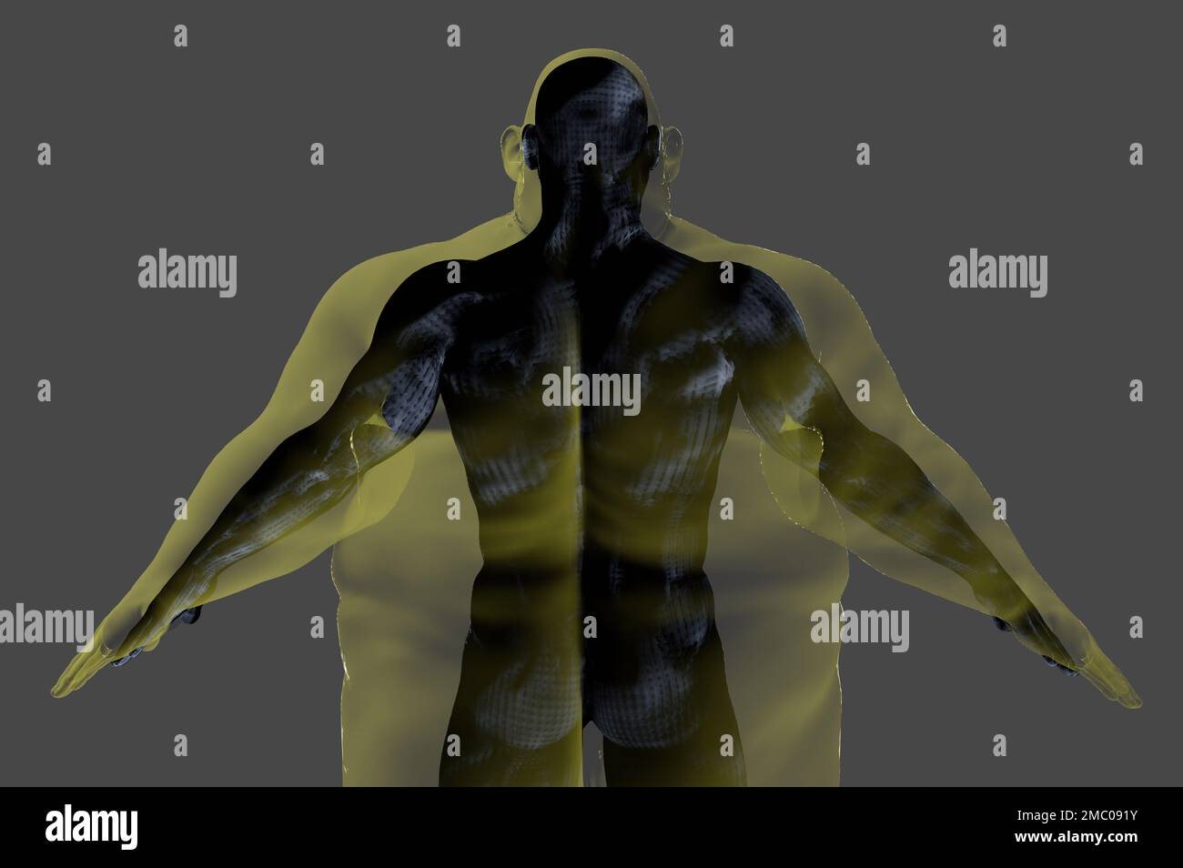 3D render. Athletic man inside an obese body on a gray background Stock ...