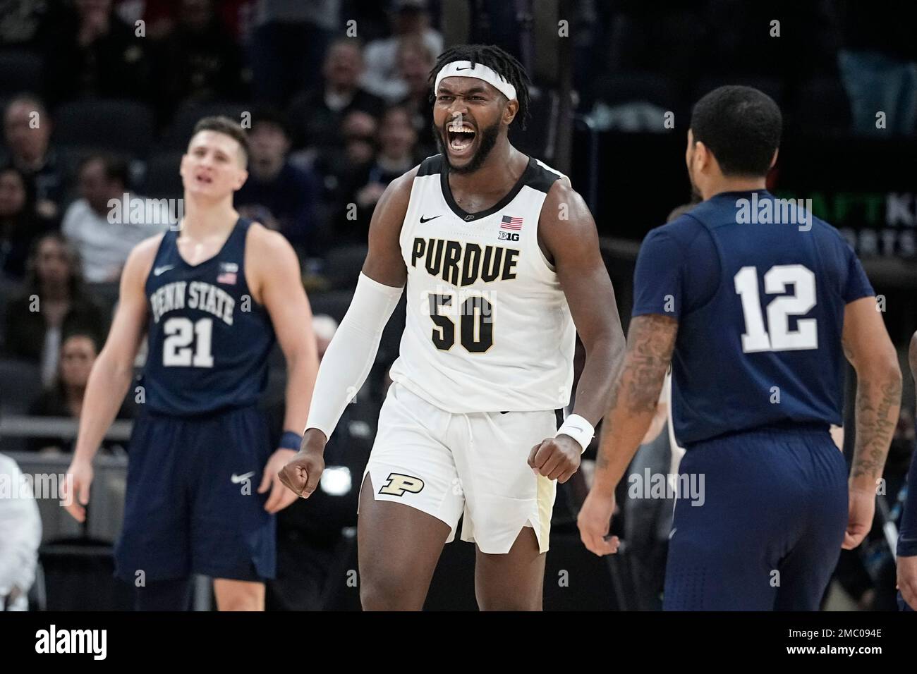 Purdue's Trevion Williams (50) celebrates during the second half of an ...