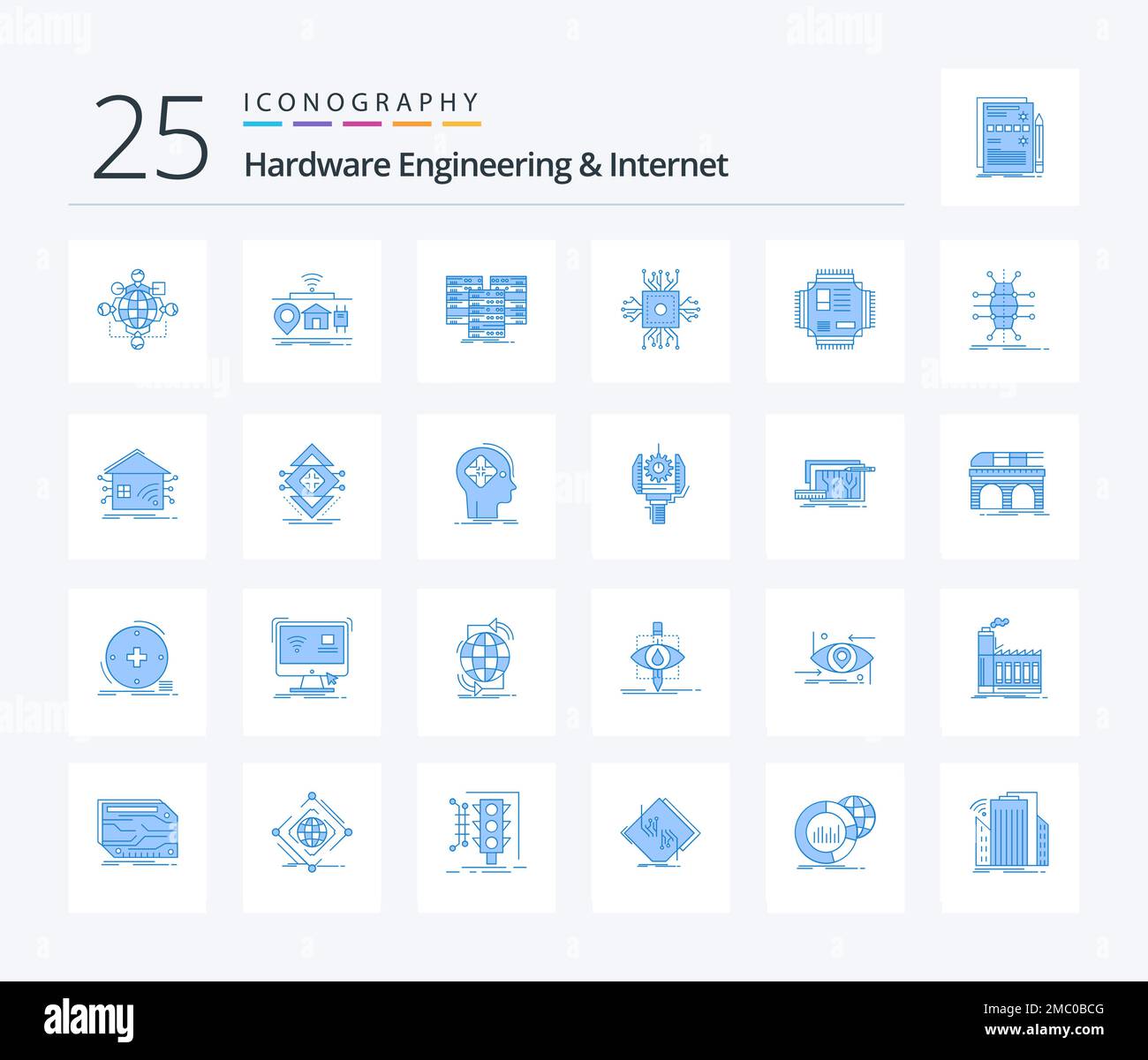 Hardware Engineering And Internet 25 Blue Color icon pack including microchip. chip. of. server ...