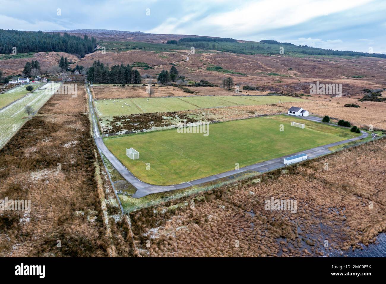 Aerial view of the GAA pitch next to Mount Errigal in Donegal - Ireland ...