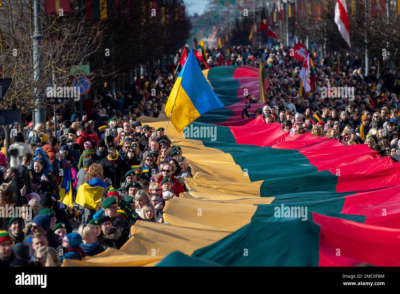 People carry a giant Lithuanian flag and Ukrainian flag during a ...