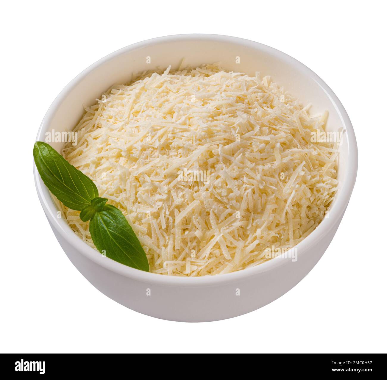 Bowl of shredded parmesan cutout. Grated grana padano cheese in a white ...