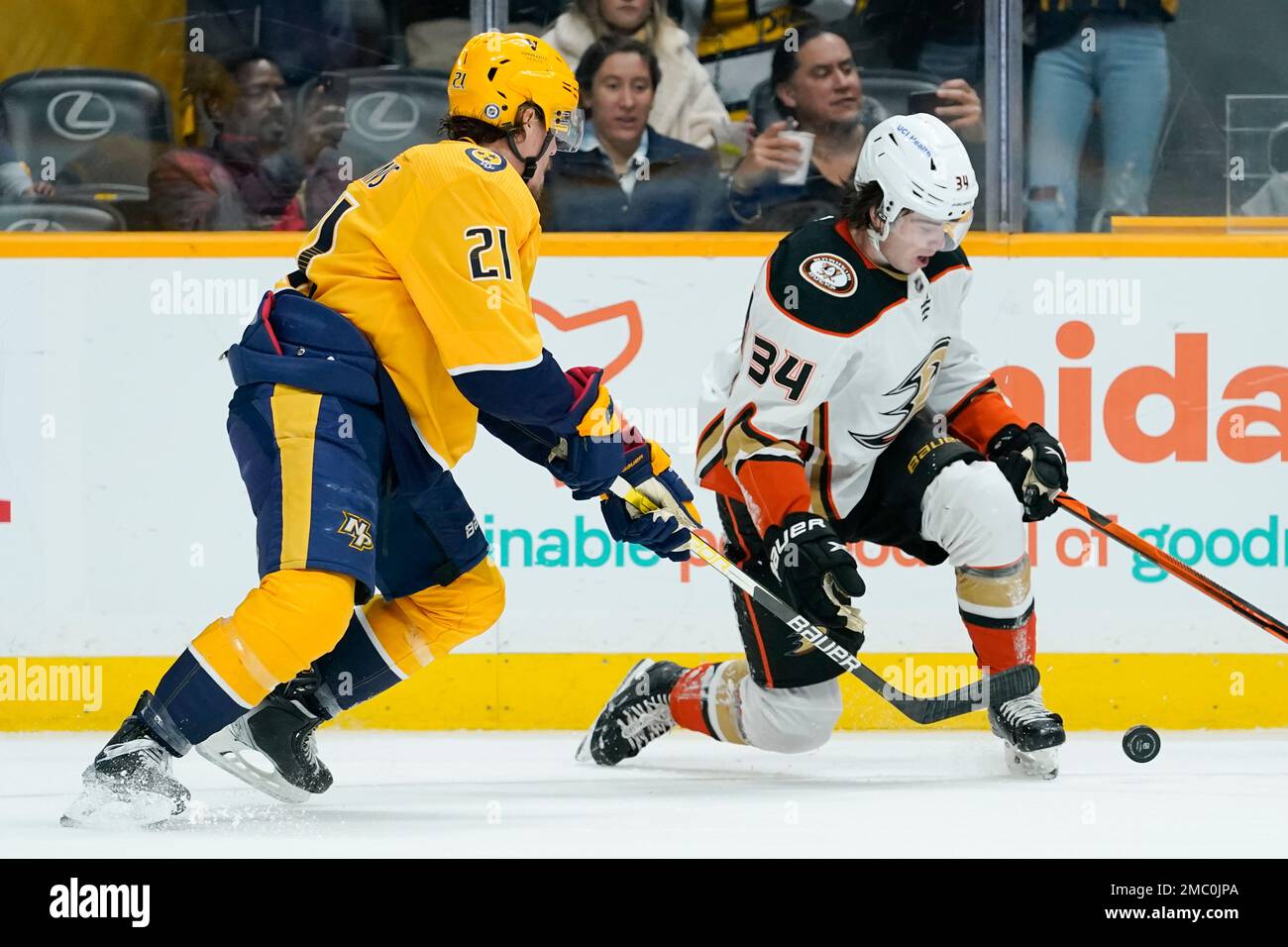 Nashville Predators' Nick Cousins (21) and Anaheim Ducks' Jamie ...