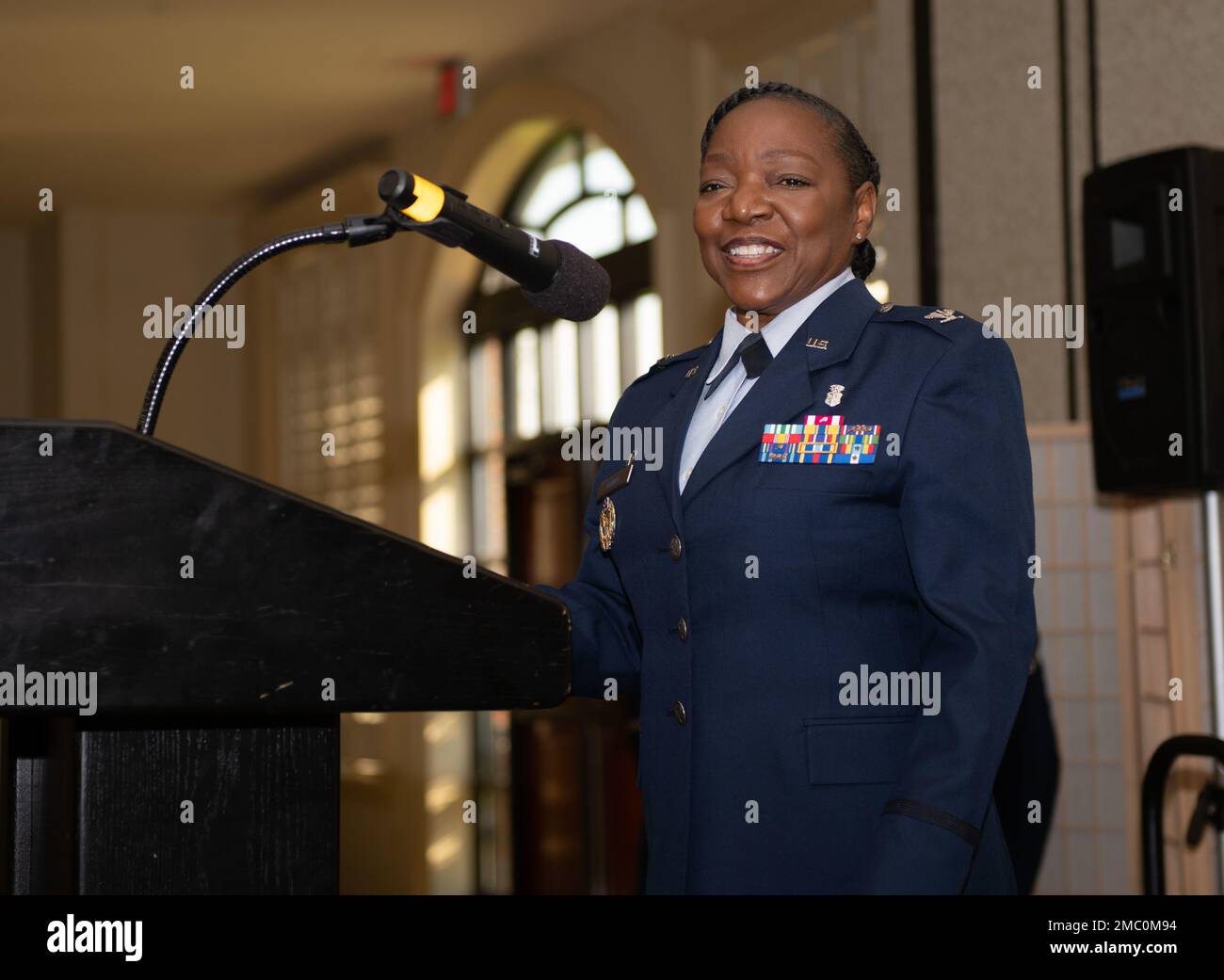 U.S. Air Force Col. Rebecca Elliott, 628th Medical Group commander, delivers a speech during the ...