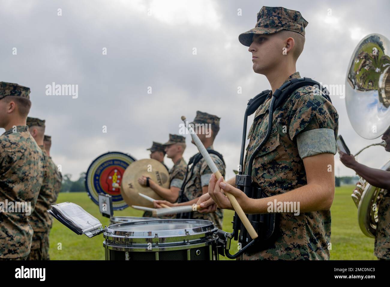 U.S. Marines with the 2d Marine Division (MARDIV) band perform at a ...