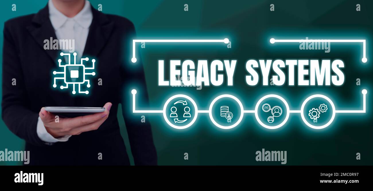 Handwriting text Legacy Systems. Business showcase old method ...