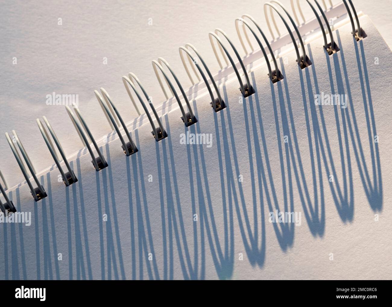 A close up of the metal rings and their long shadows binding the pages ...