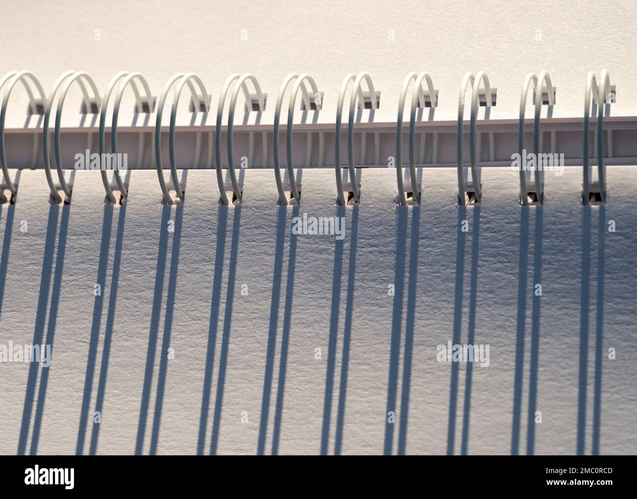 A close up of the metal rings and their long shadows binding the pages ...