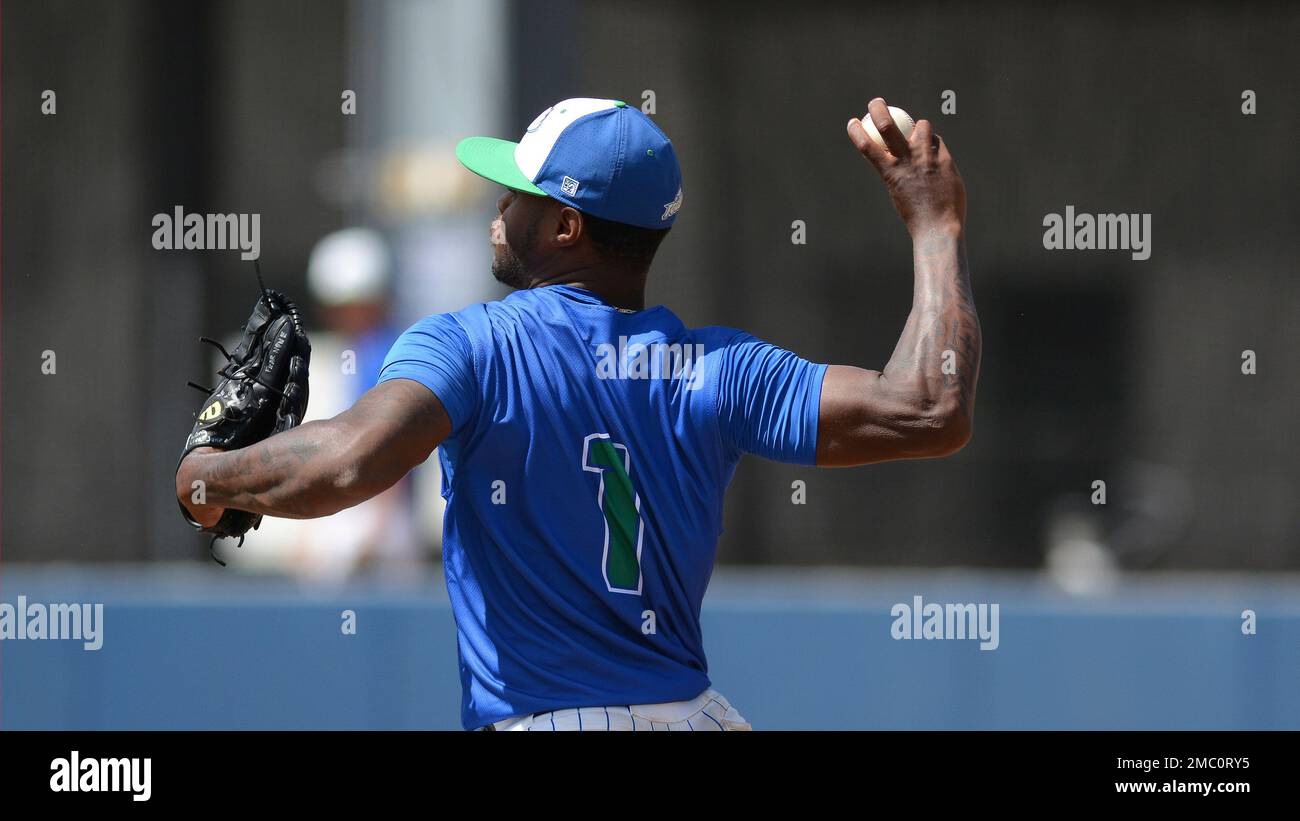 FGCU's Najer Victor (1) fires at batters during an NCAA baseball game ...